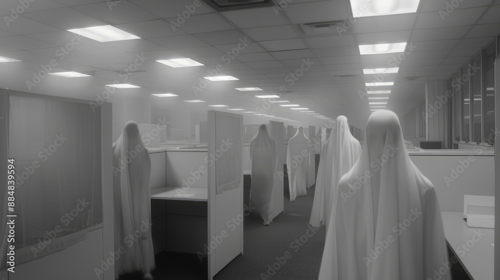 Conceptual representation of ghostly figures amidst empty cubicles ...