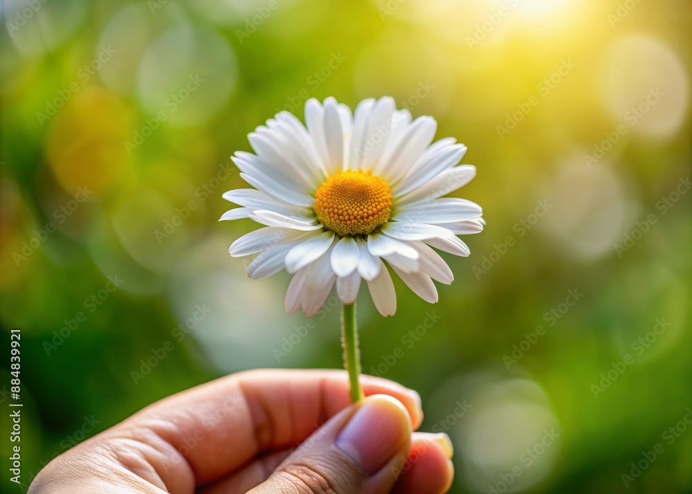 Delicate fingers softly grasp the stem of a freshly picked white Shasta ...
