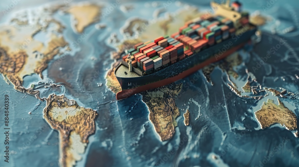 Container ship on a world map, illustrating global trade routes and ...