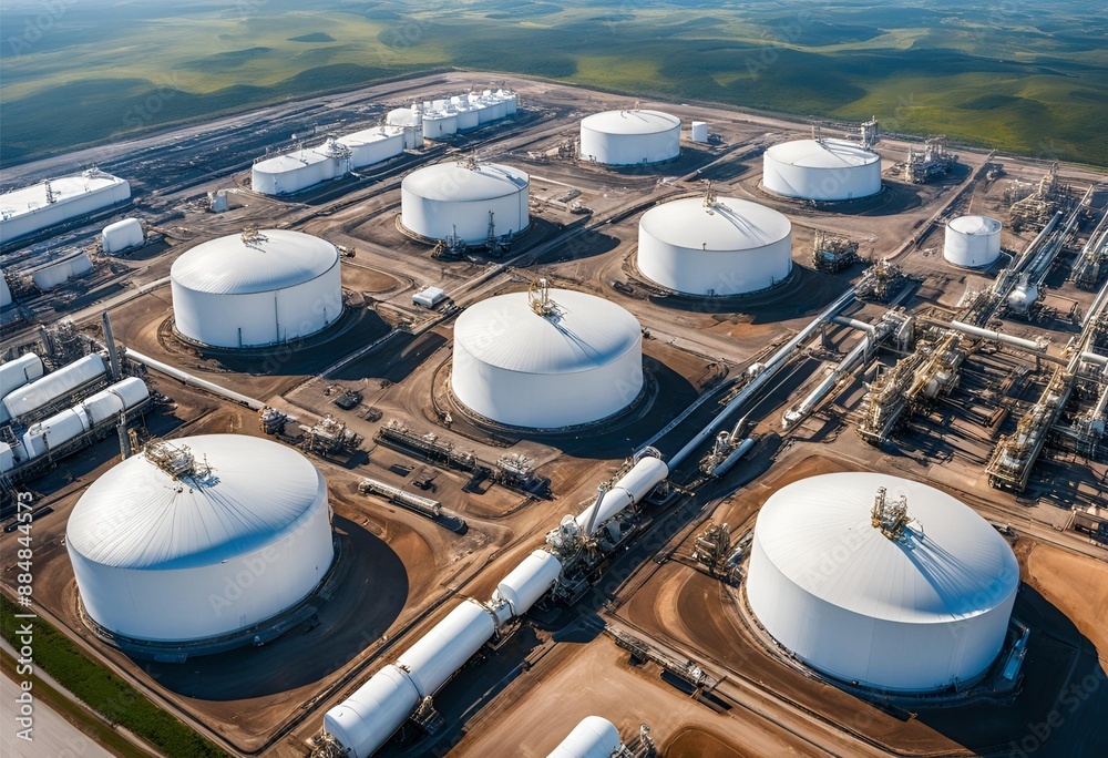 Aerial view of oil and gas depot terminal, storage tanks for crude oil ...