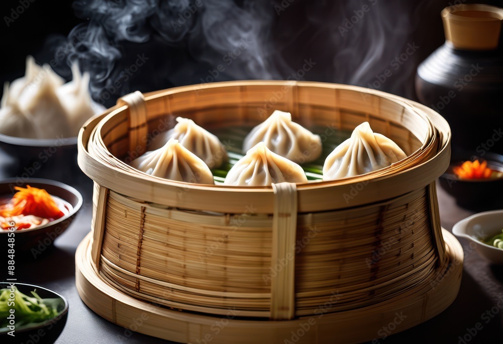 steaming chinese soup dumplings bamboo basket traditional asian cuisine ...