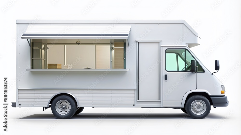 White food truck mockup isolated on a clean white background, side view ...