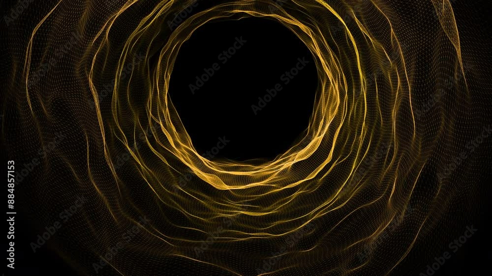 Seamless loop animation of abstract wavy tunnel made of gold yellow technological grid with ...