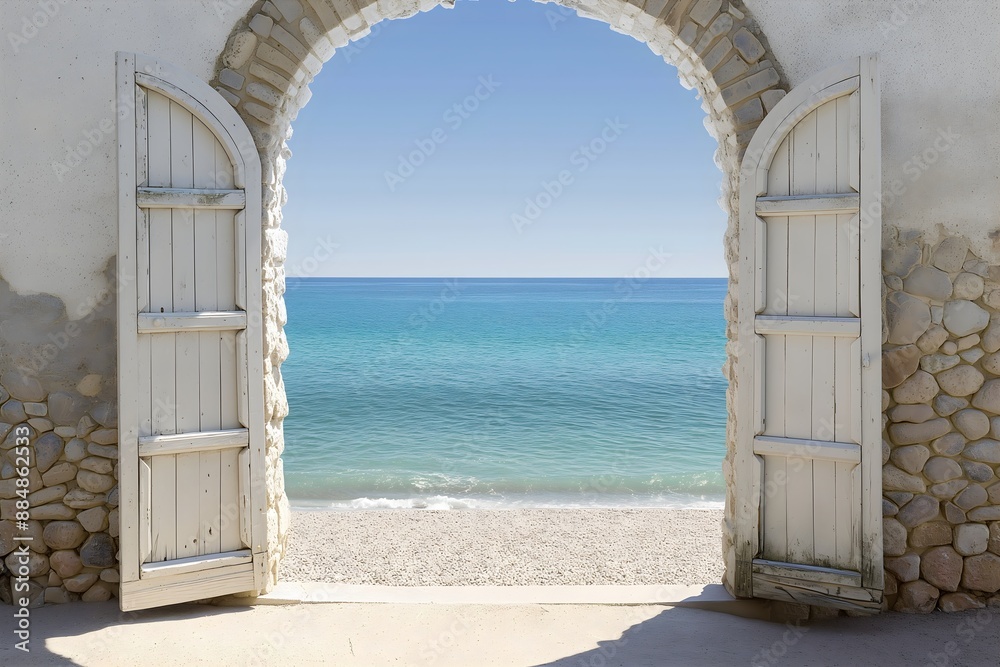 Backdrop of an open wooden door to the beach, stone wall arch, ocean ...
