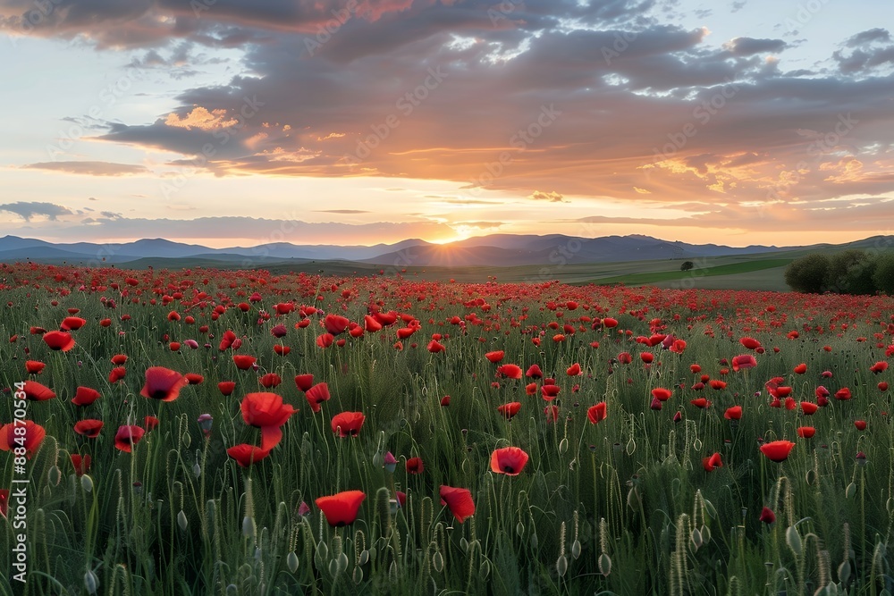 Beautiful poppy field at sunset in the Spanish countryside, landscape ...