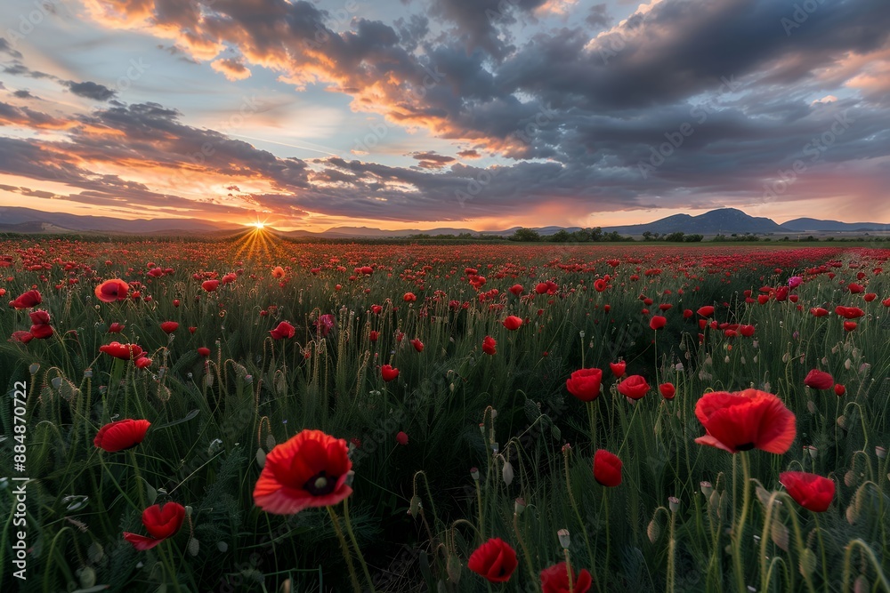 Beautiful poppy field at sunset in the Spanish countryside, landscape ...