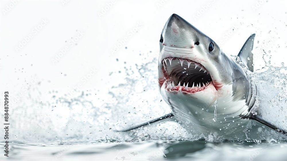 A dramatic of a Mako shark in mid-attack, its mouth wide open revealing ...
