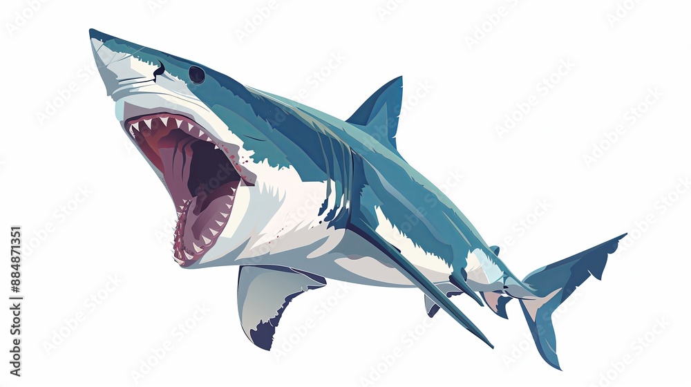 A flat style illustration of a Mako shark in an aggressive pose, mouth ...
