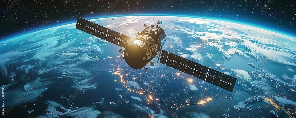 Earth monitoring satellite capturing environmental data, digital ...