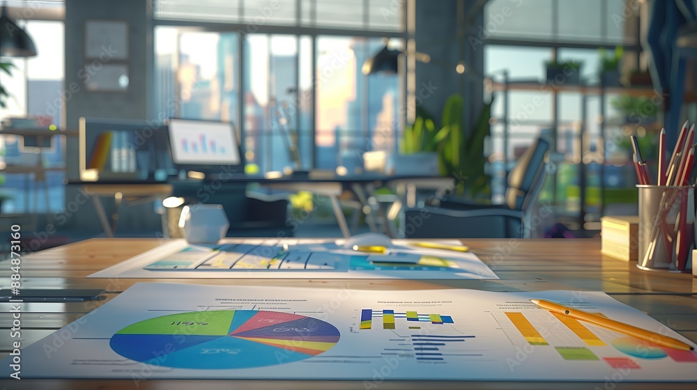A realistic of a detailed business report with colorful graphs and ...