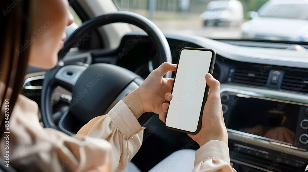 No cellphone use while driving. A young woman sits in her own car ...