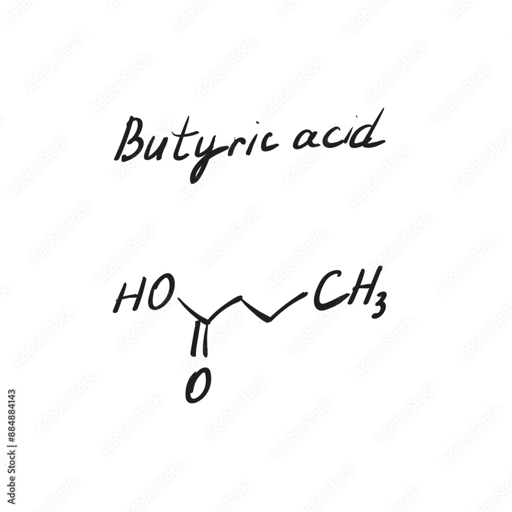 Butyric acid (butanoic acid) molecule formula. Hand drawn imitation of ...