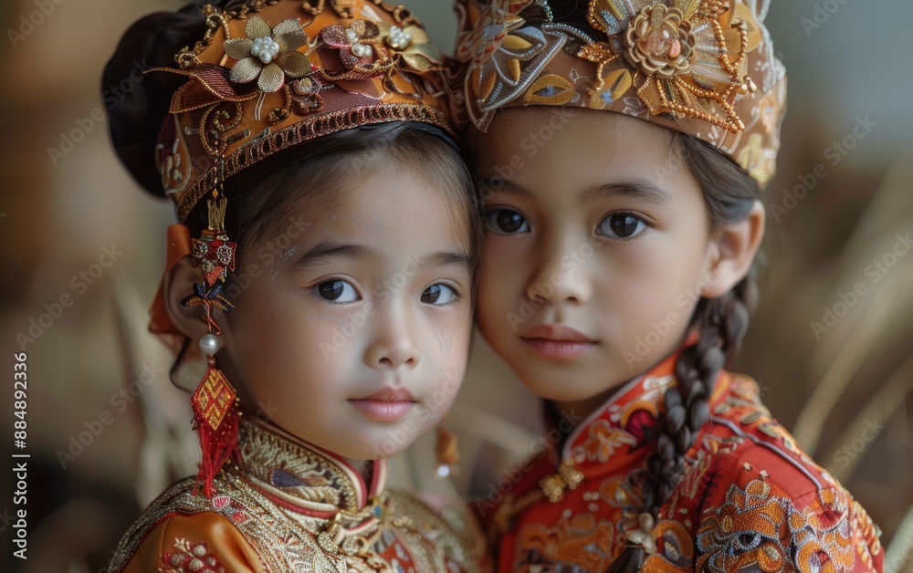Foto de Two young girls wearing traditional Chinese clothing pose for a ...