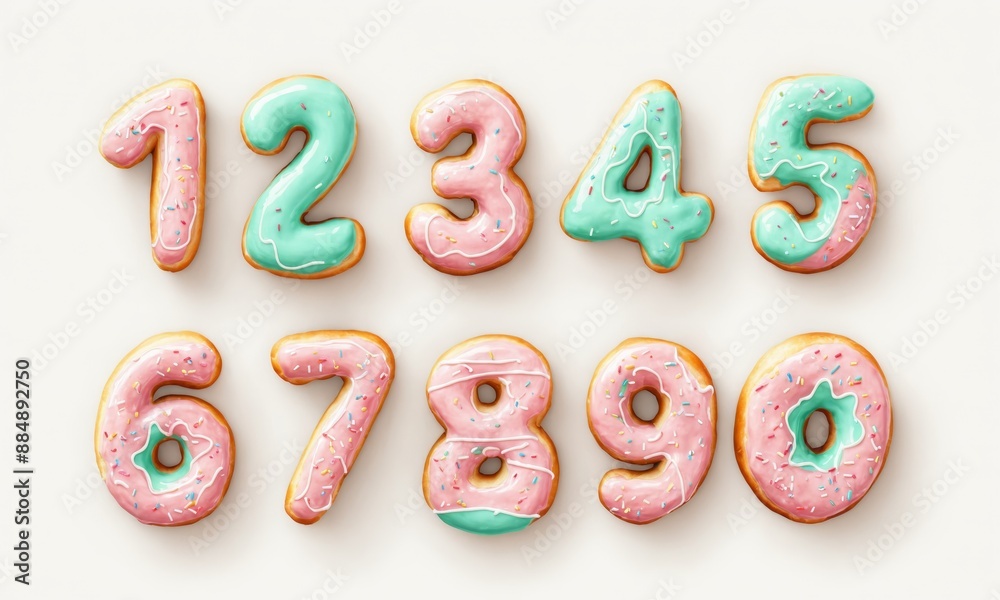 Ten frosted donuts arranged in two rows, forming numbers 1-10, on a ...