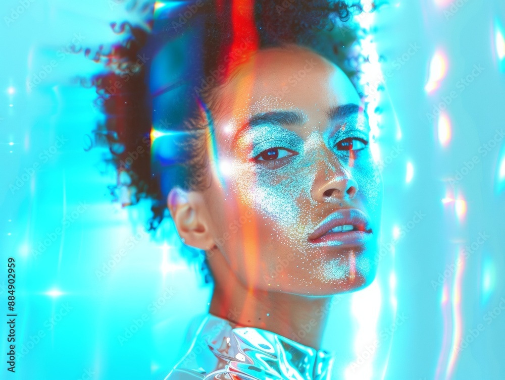 Futuristic Woman in High-Tech Prism-Lit Environment Posing in Metallic ...