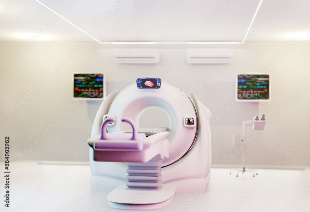 The CT scan room features a 3D rendering CT scanner, used for high ...