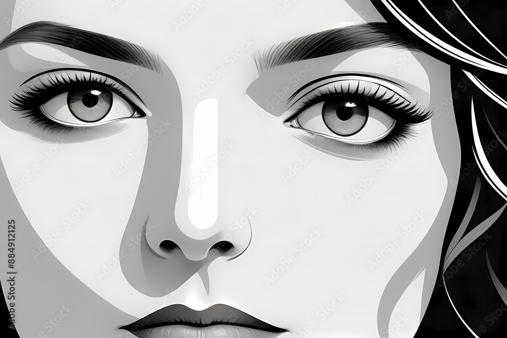 A digital illustration of a female face with a strong sense of symmetry ...