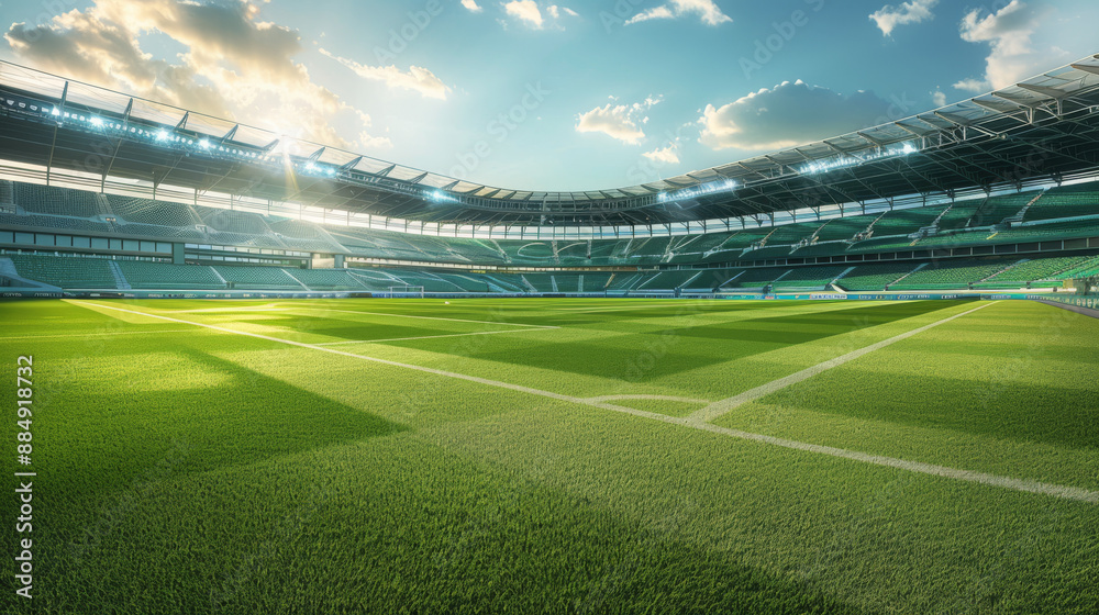 Soccer stadium with a lush green field and vibrant energy. The modern ...