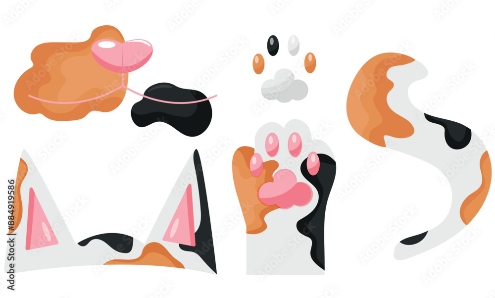 icons with parts of a spotted cat, namely ears, tail, paws and face ...