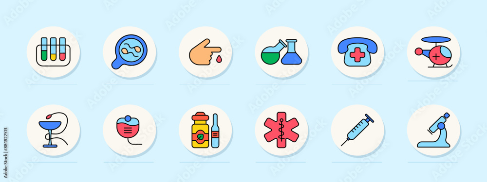 Medical set icon. Test tubes, analysis, blood drop, lab flasks, medical ...