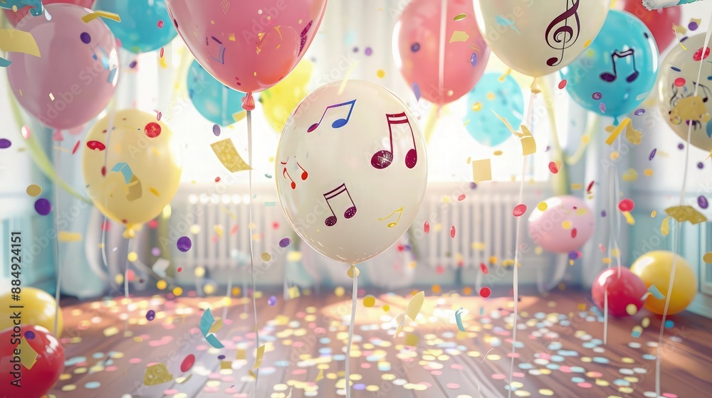 A music room with balloons that have musical notes on them and confetti ...