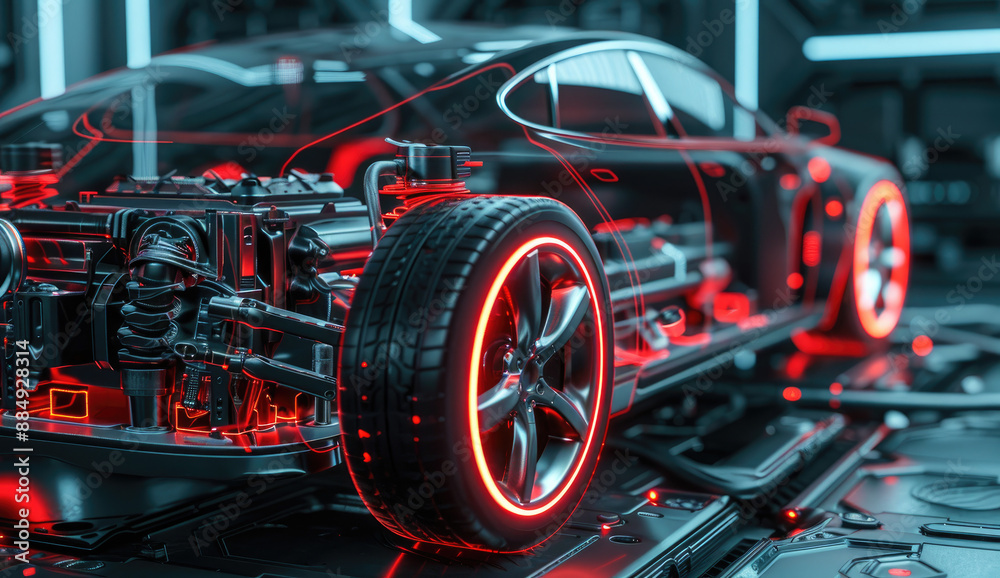 3D rendering of an electric car's motor and battery, intricate details ...