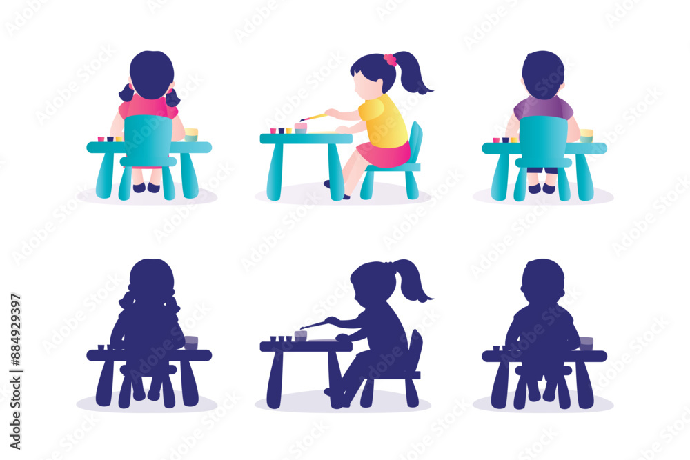 Set of child student at workplace and silhouettes. Little girl and boy ...