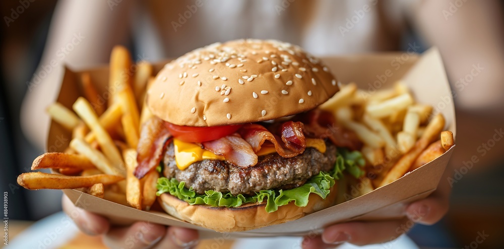 person holding up two different burgers with fries on the tray below ...
