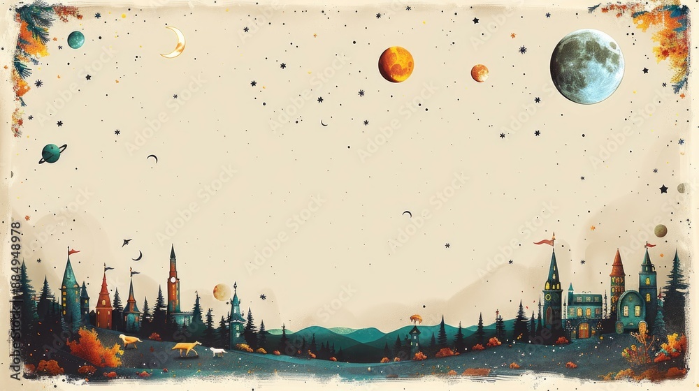 Blank white page with colorful cartoon fairy tale castles and ...