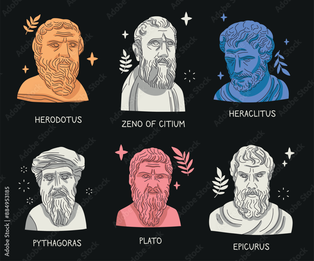 Bust statues of famous antique Greek philosophers, real portraits ...