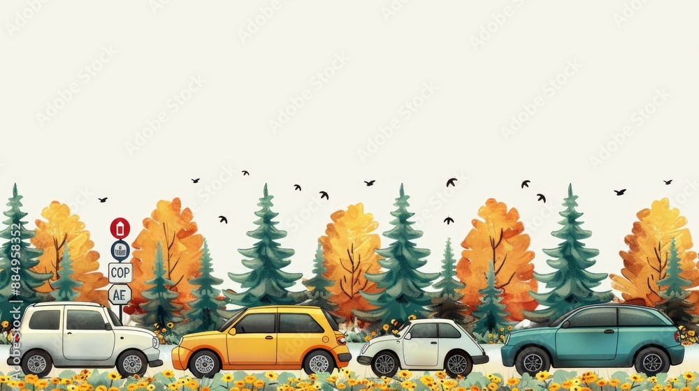 Blank white page with colorful cartoon vehicles and traffic signs ...
