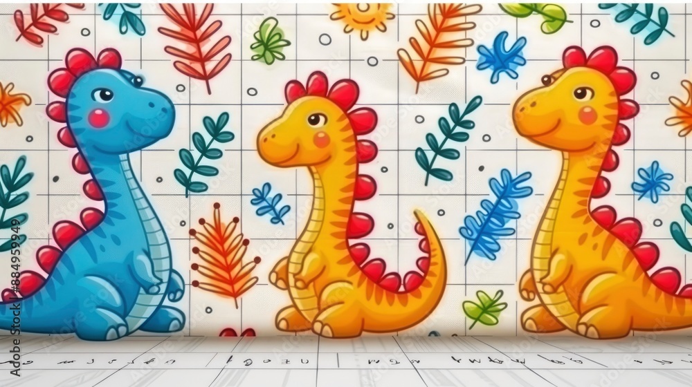 Cute cartoon dinosaur pattern, with colorful icons of dinos and fossils ...