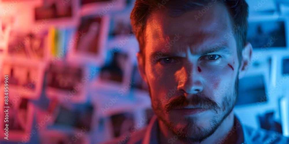 Detective examining crime scene wall filled with evidence and photos ...