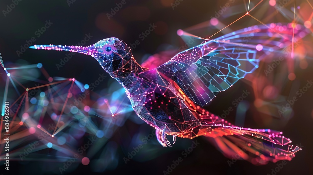 Big data visualization with digital hummingbird in neon colors: flight ...