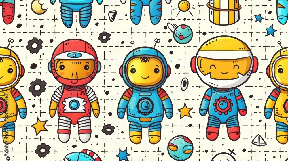 Cute cartoon robot pattern, with colorful icons of robots and gears ...