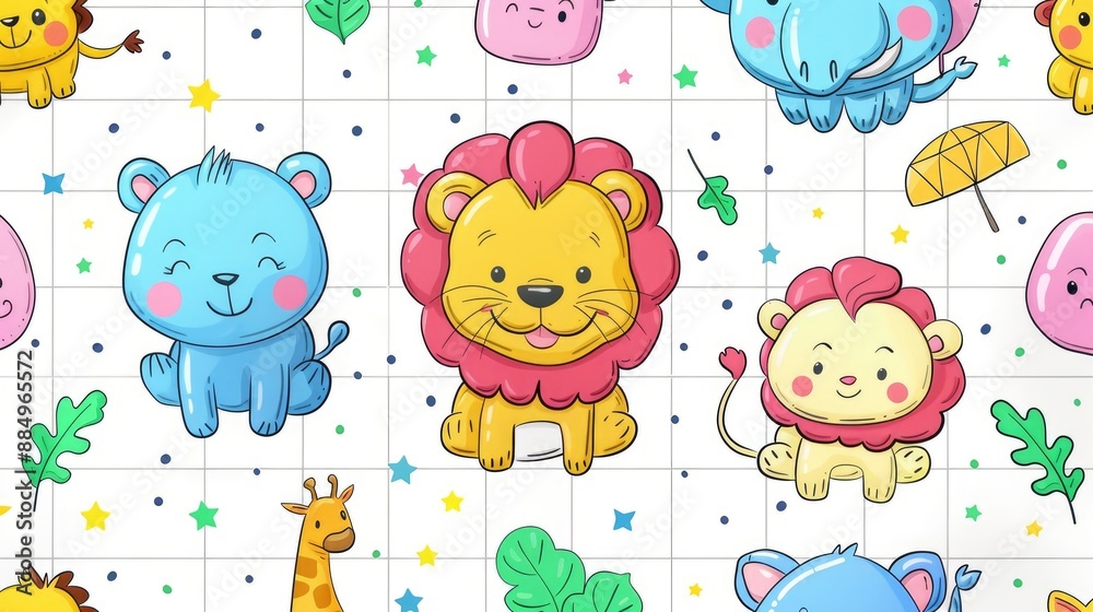 Cute cartoon zoo pattern, with colorful icons of animals and cages ...