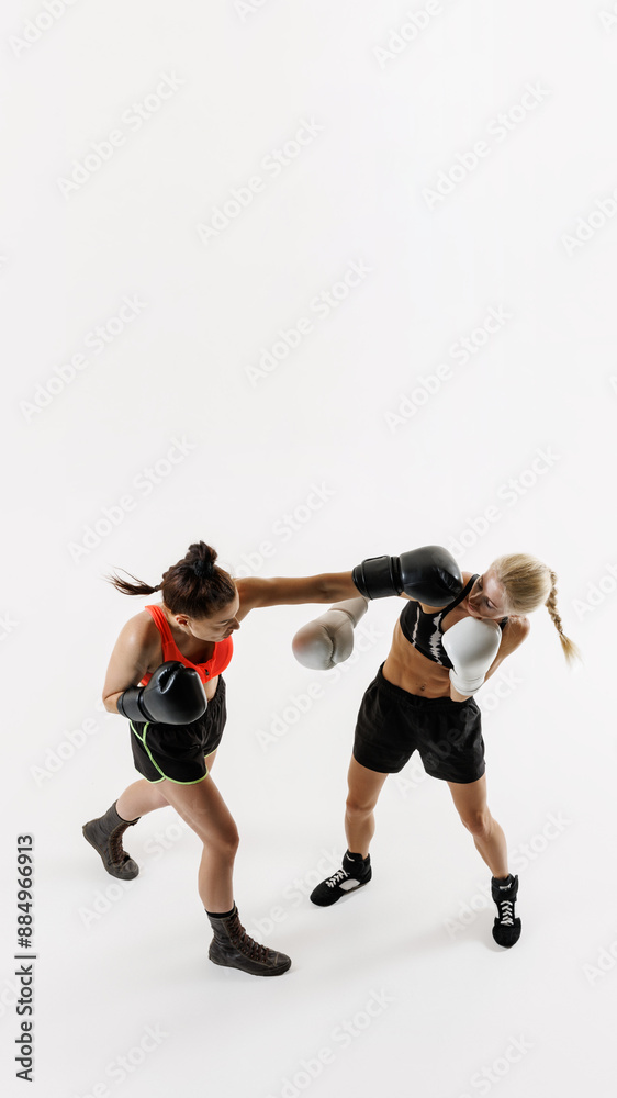 Vertical top view image of two competitive women, boxing athletes ...