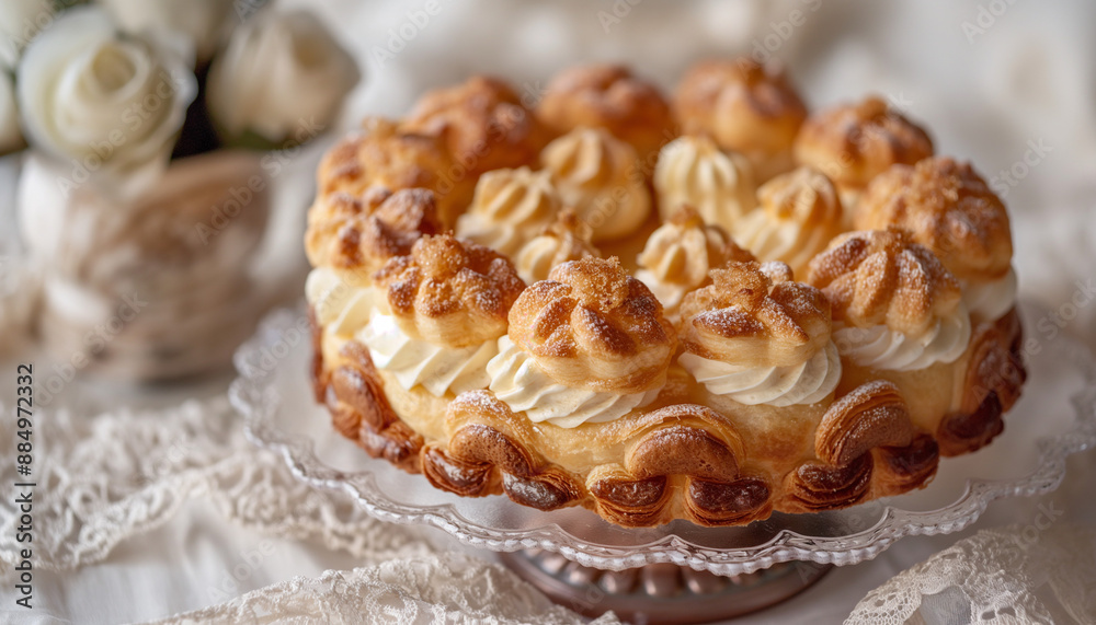 a traditional French Gateau Honoré cake, featuring a base of puff ...