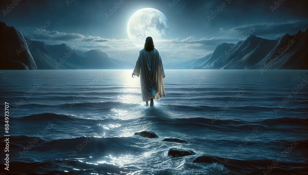 Jesus walks on the water of the Sea of Galilee at night by the light of ...