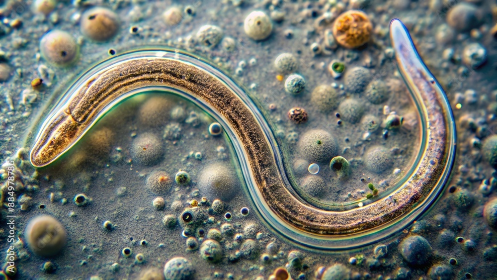 Microscopic view of bacterial feeding soil nematode in soil sample, soil microorganism, soil ...