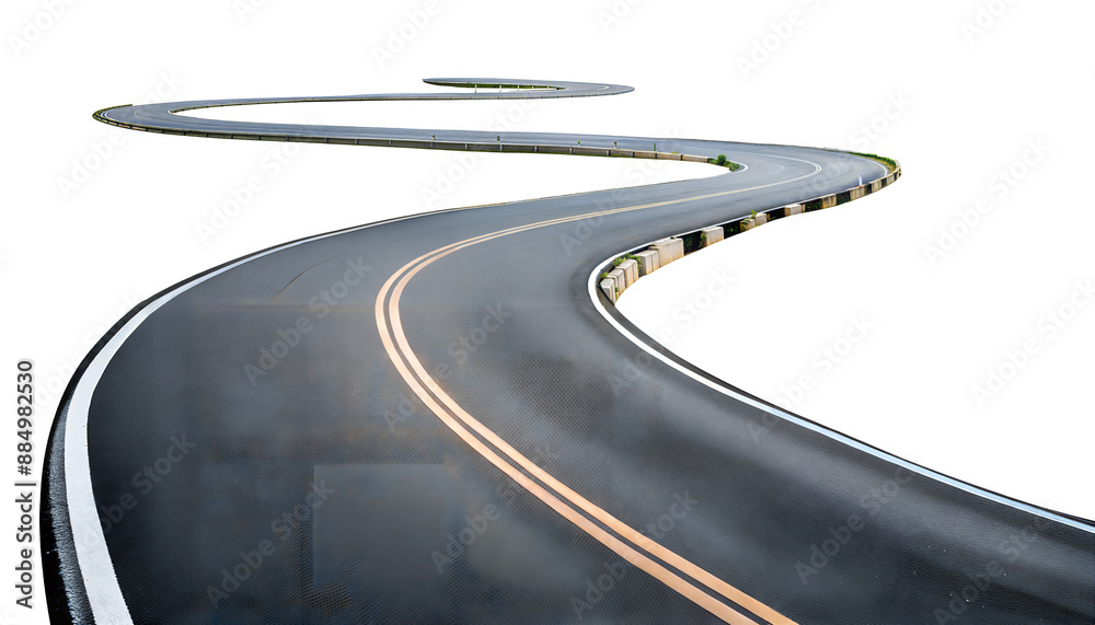 Curved double-lane road with yellow lines isolated on transparent ...
