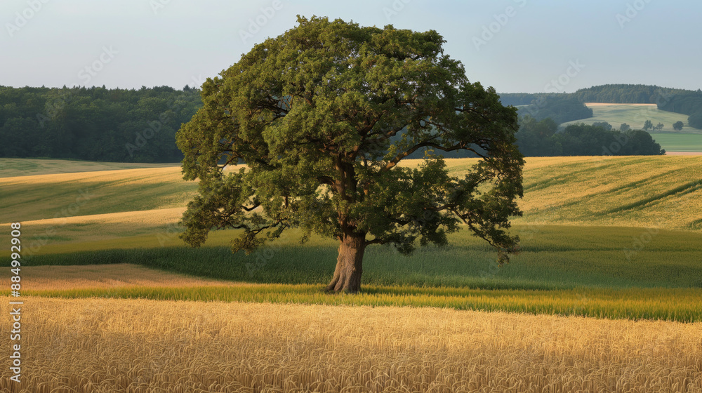 A solitary oak tree standing proudly in a golden wheat field ...