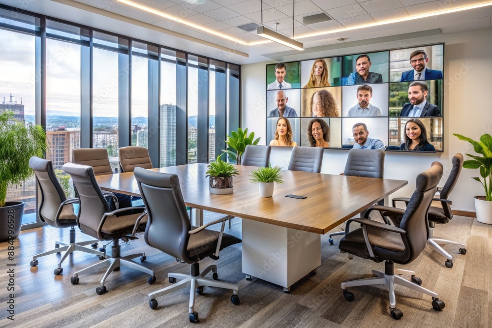 Modern office setup featuring a large screen displaying multiple video ...