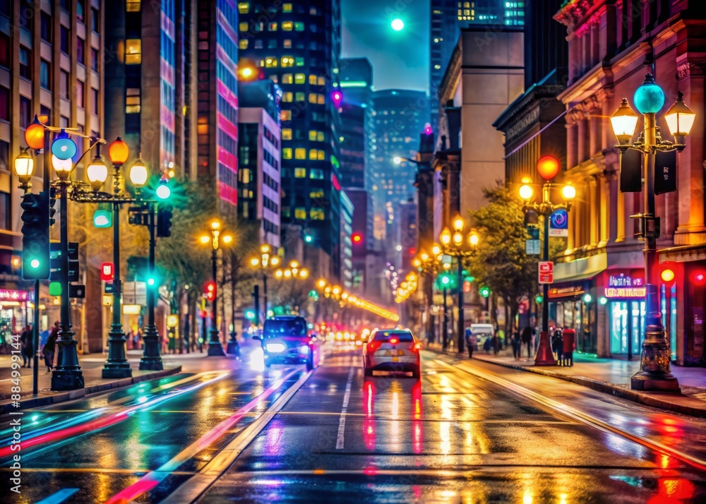 Vibrant urban street scene at night with swirling bokeh lights from ...