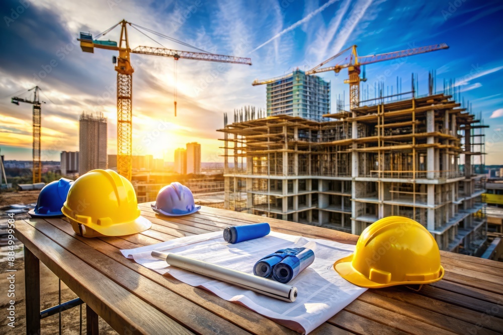 Empty high-rise building construction site with tower crane and ...