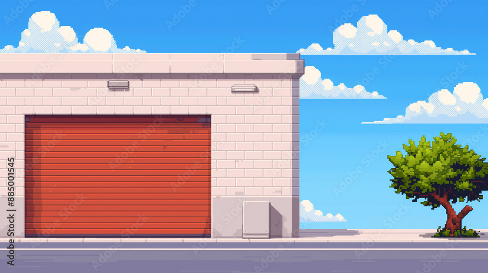 Pixel art depiction of a building with a red garage door and a small ...