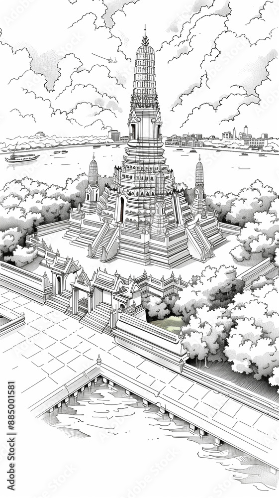 Detailed black and white illustration of a traditional Wat Arun temple ...