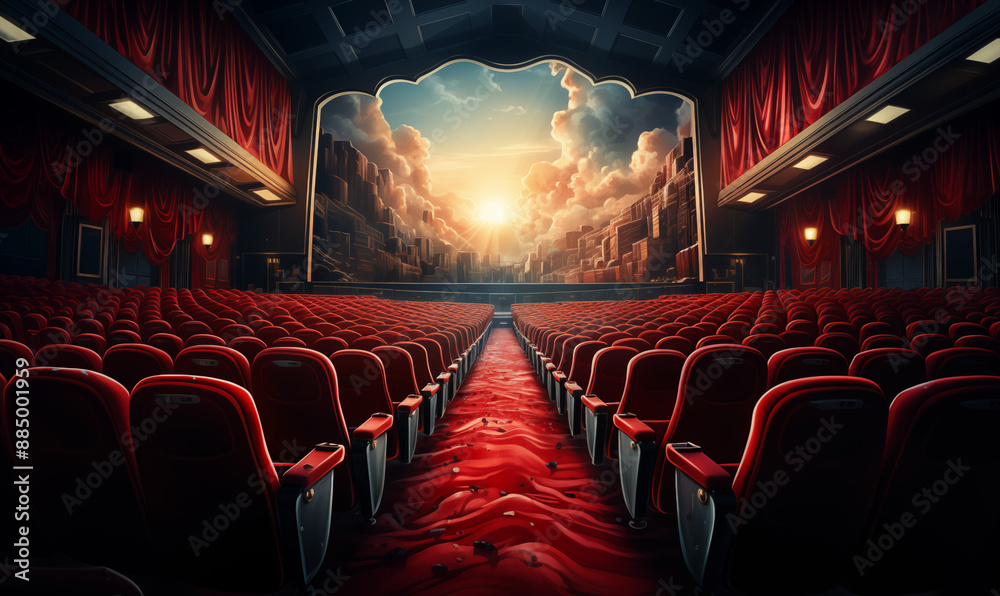 Cinema hall with red armchairs and white screen on transparent ...