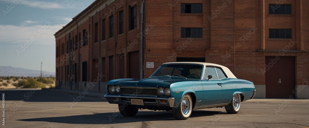 blue classic car facing the camera, minimalist, deadpan, banal, cool ...