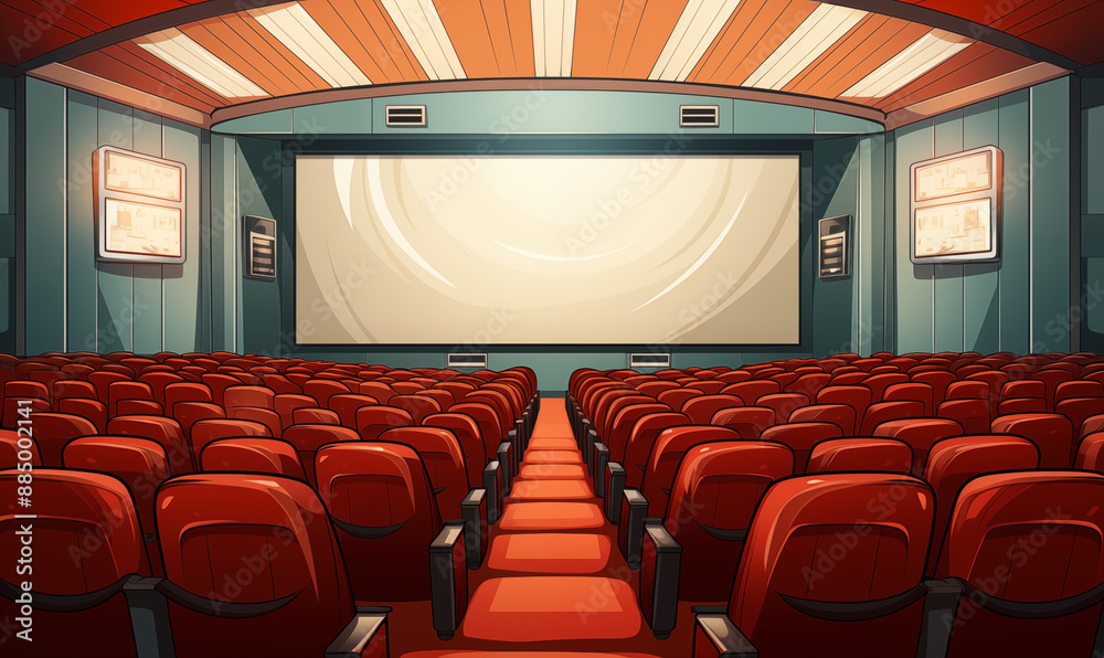 Cinema hall with red armchairs and white screen on transparent ...